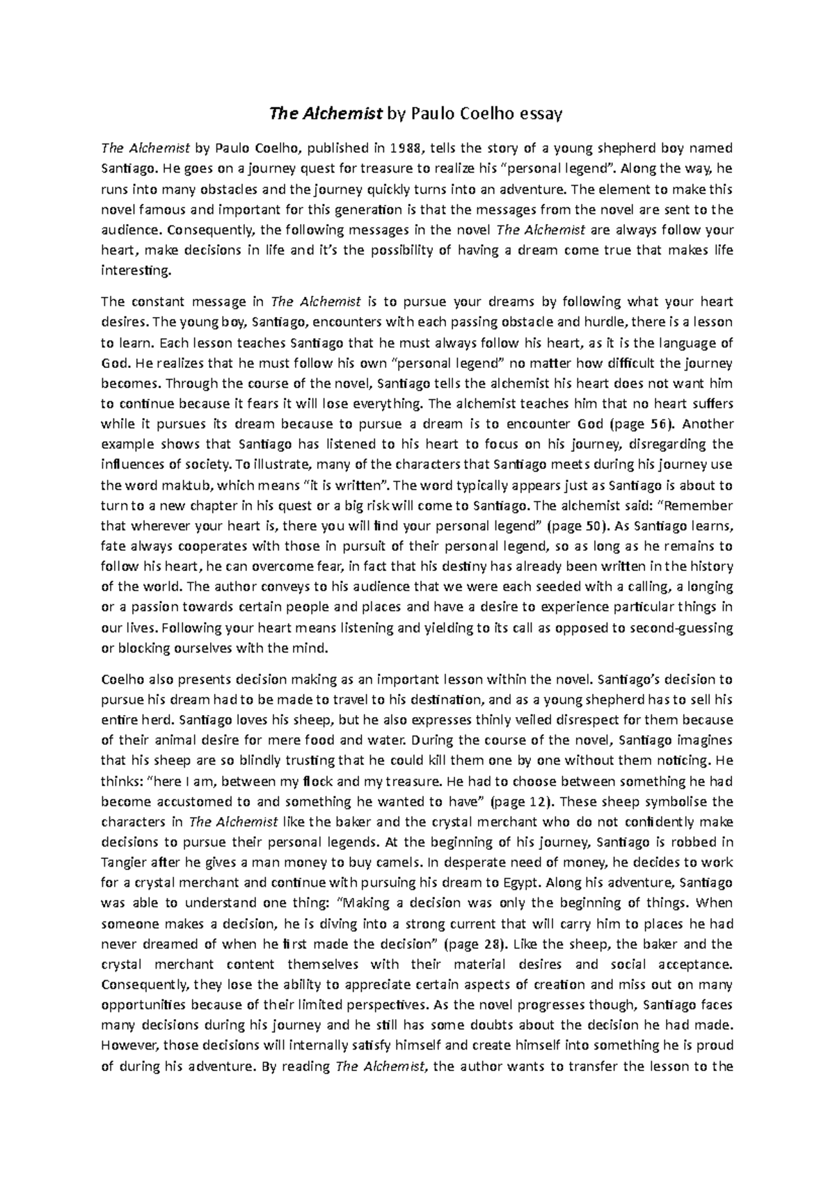 The Alchemist by Paulo Coelho essay - He goes on a journey quest for ...