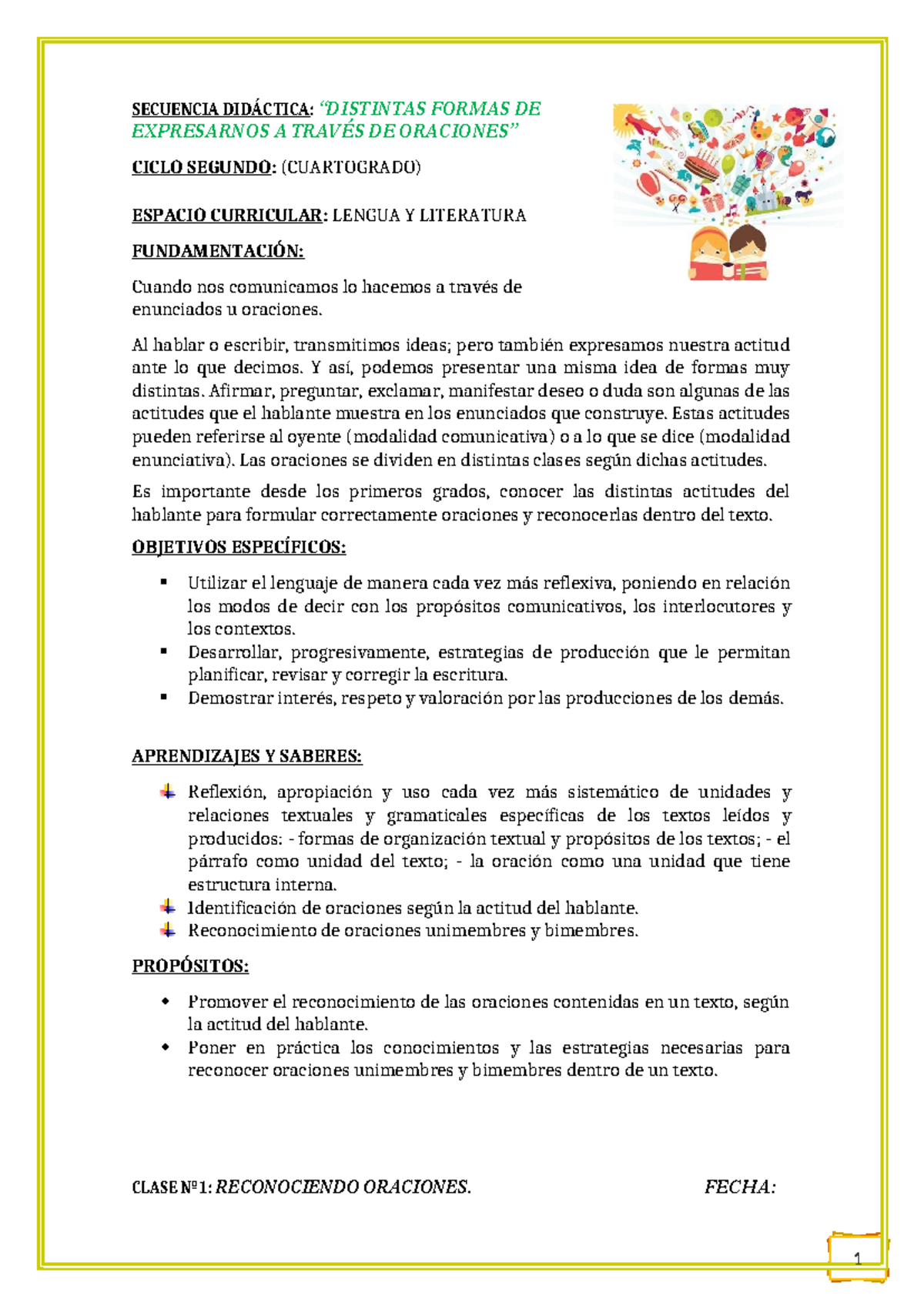 SEC. Lengua 2° Ciclo - Oraciones: Actividades Cuarto Grado - Studocu