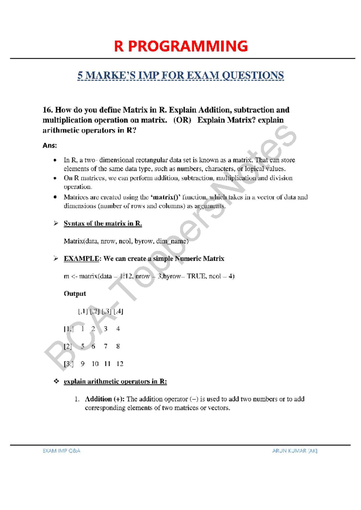 R Programming Q&A Notes for BCA Students - Studocu