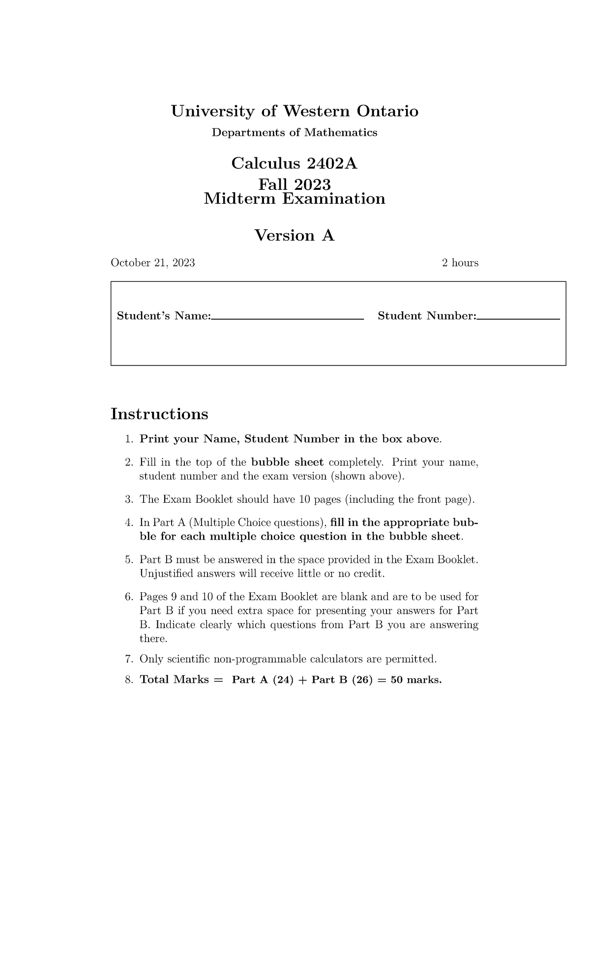Calculus 2402A Fall 2023 Midterm Exam Version A Guide - Studocu