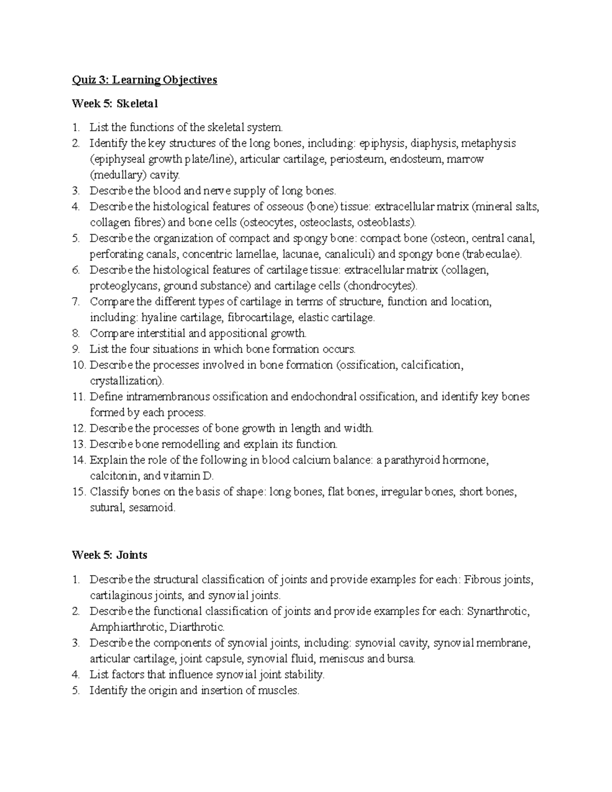 Quiz 3: Learning Objectives for Anatomy - Skeletal & Joints - Studocu
