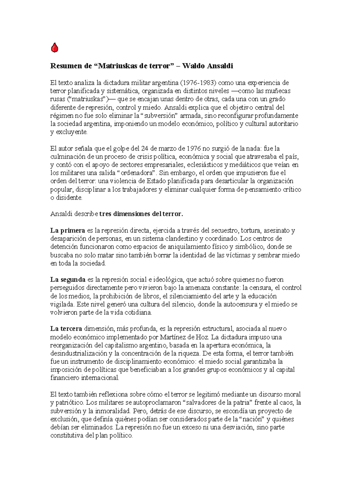 Resúmenes de Textos sobre la Dictadura Militar Argentina (CBC 2025 ...