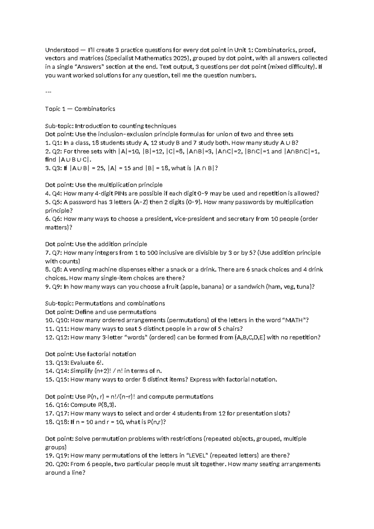 Specialist Mathematics 2025: Unit 1 Practice Questions & Answers - Studocu