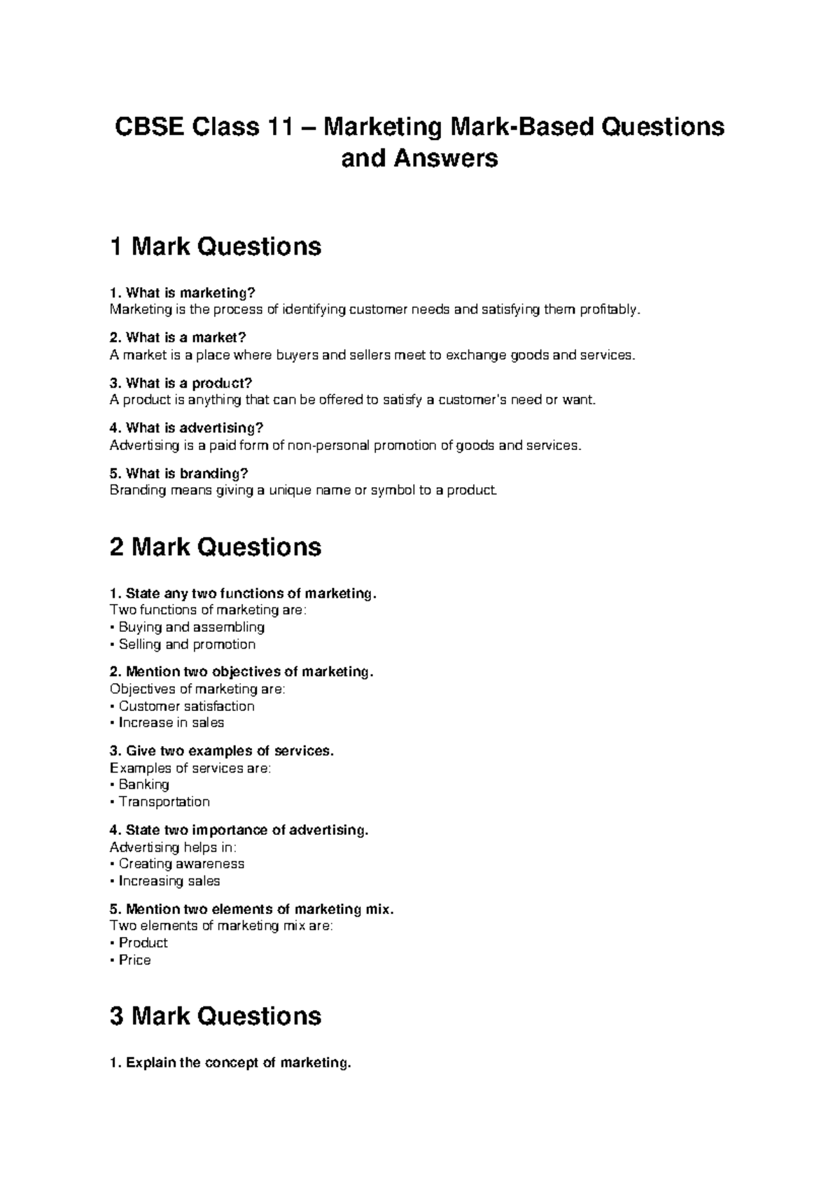 CBSE Class 11 Marketing Mark-Based Q&A: Key Concepts & Functions - Studocu