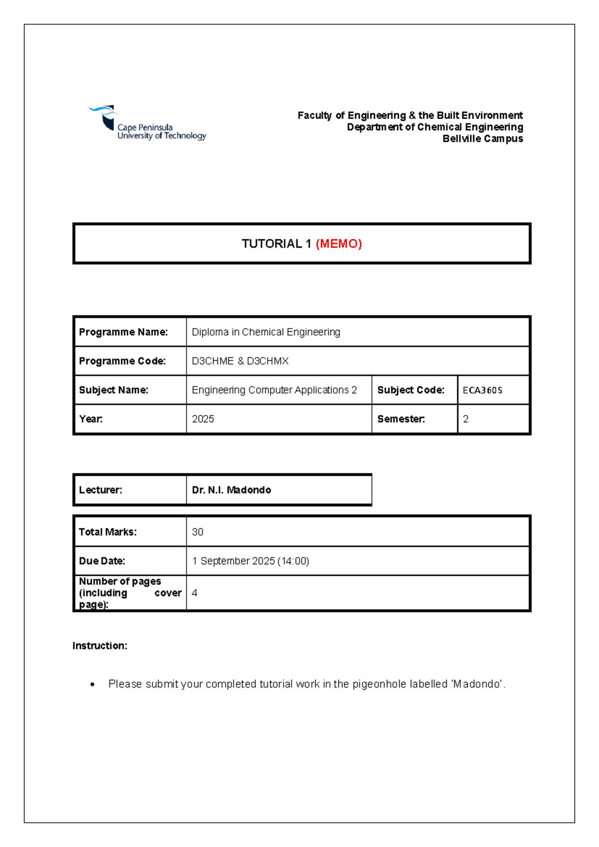 ECA360S 2025 Tutorial 1 Memo - Engineering Computer Applications - Studocu