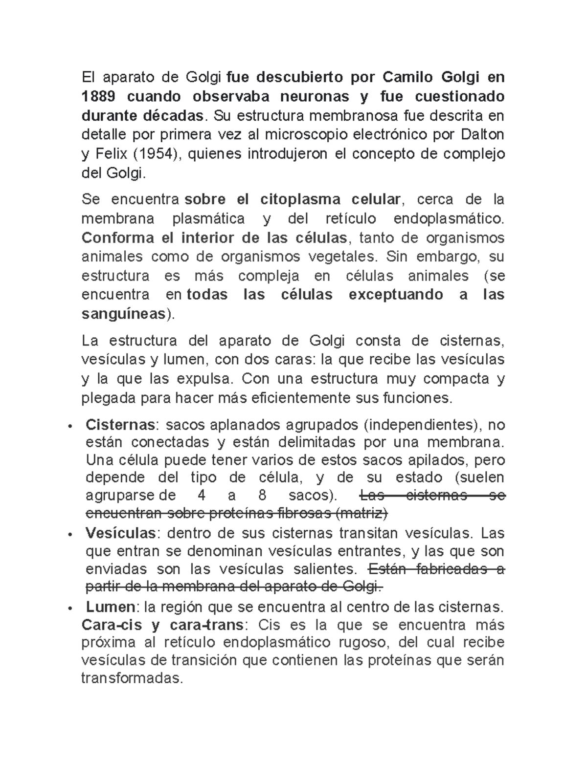 Aparato de Golgi: Estructura y Funciones Celulares - Studocu