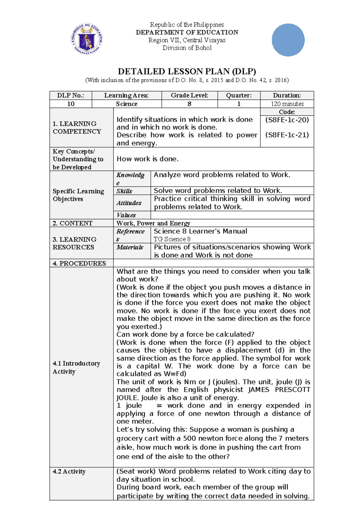 DLP-Bohol: Detailed Lesson Plan on Newton's Second Law for Science 8 ...