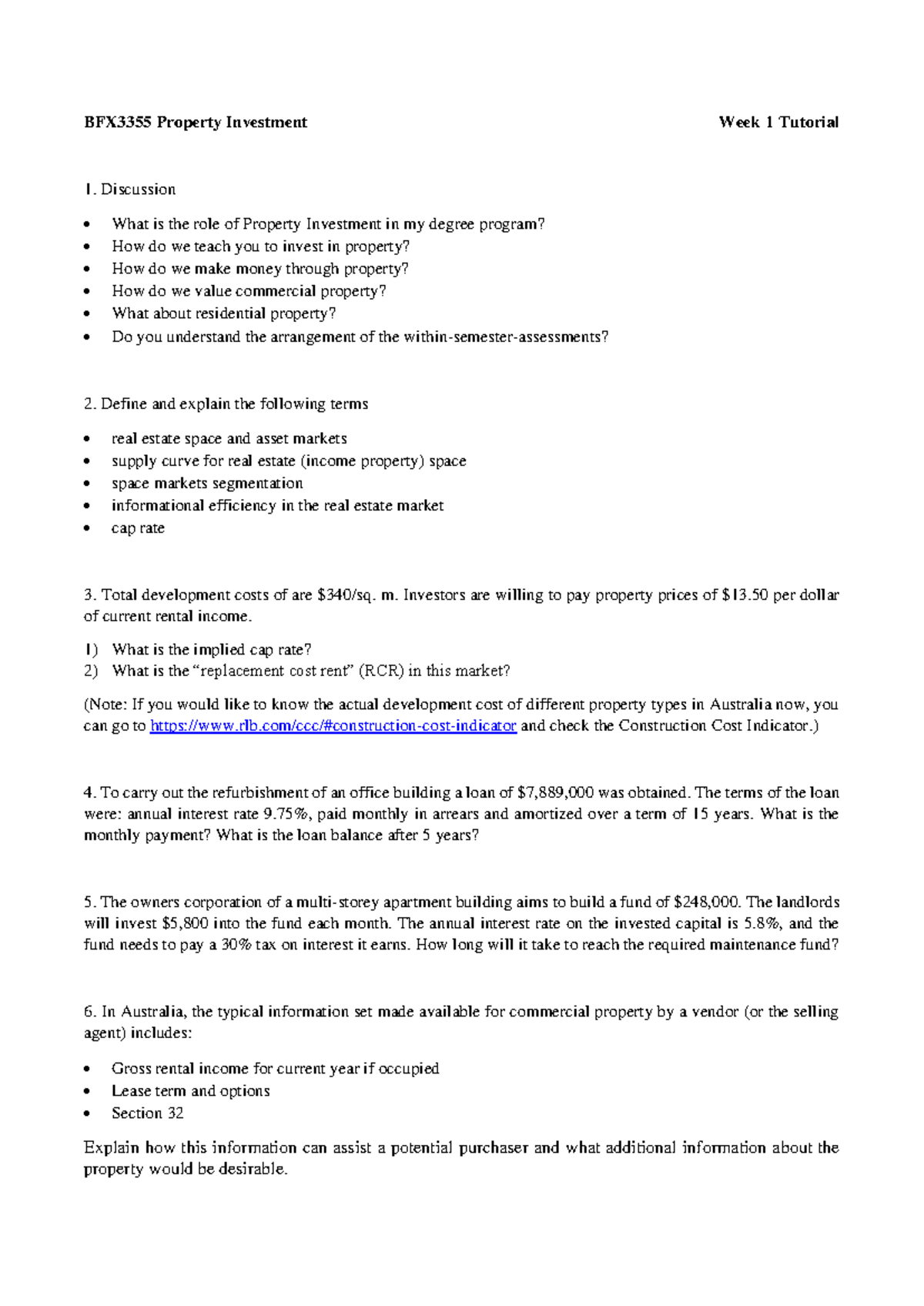 BFX3355 Property Investment Week 1 Tutorial Discussion Questions - Studocu