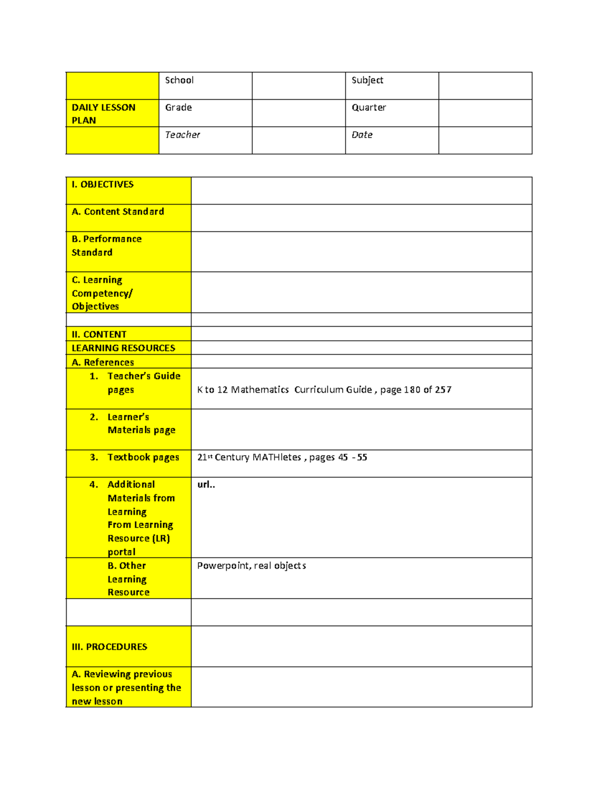 DLP- Template - Beautiful - School Subject DAILY LESSON PLAN Grade ...