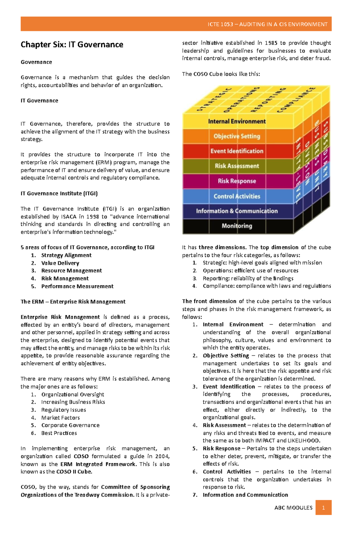 ICTE 1053 AUDITING IN A CIS ENVIRONMENT Chapter 6: IT Governance Notes ...