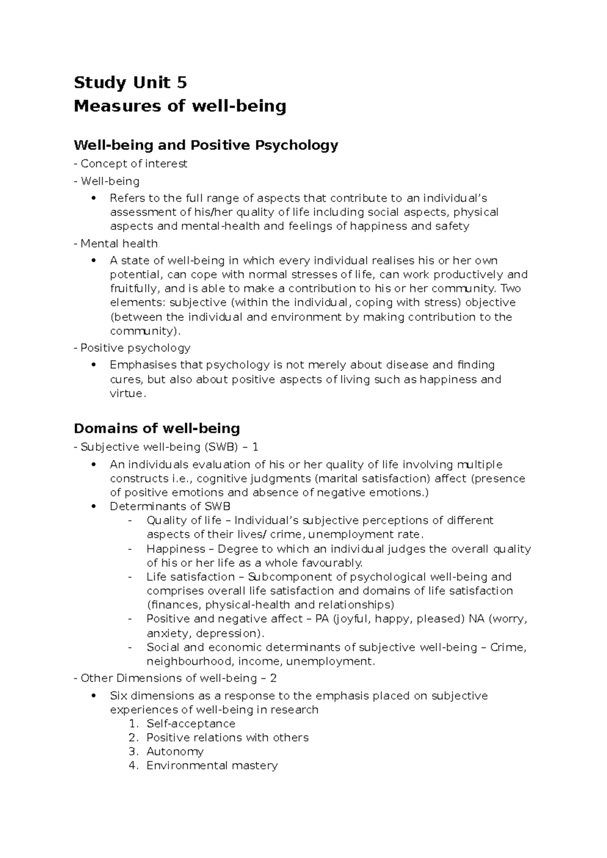 Study Unit 5: Overview of Well-Being & Positive Psychology Concepts ...