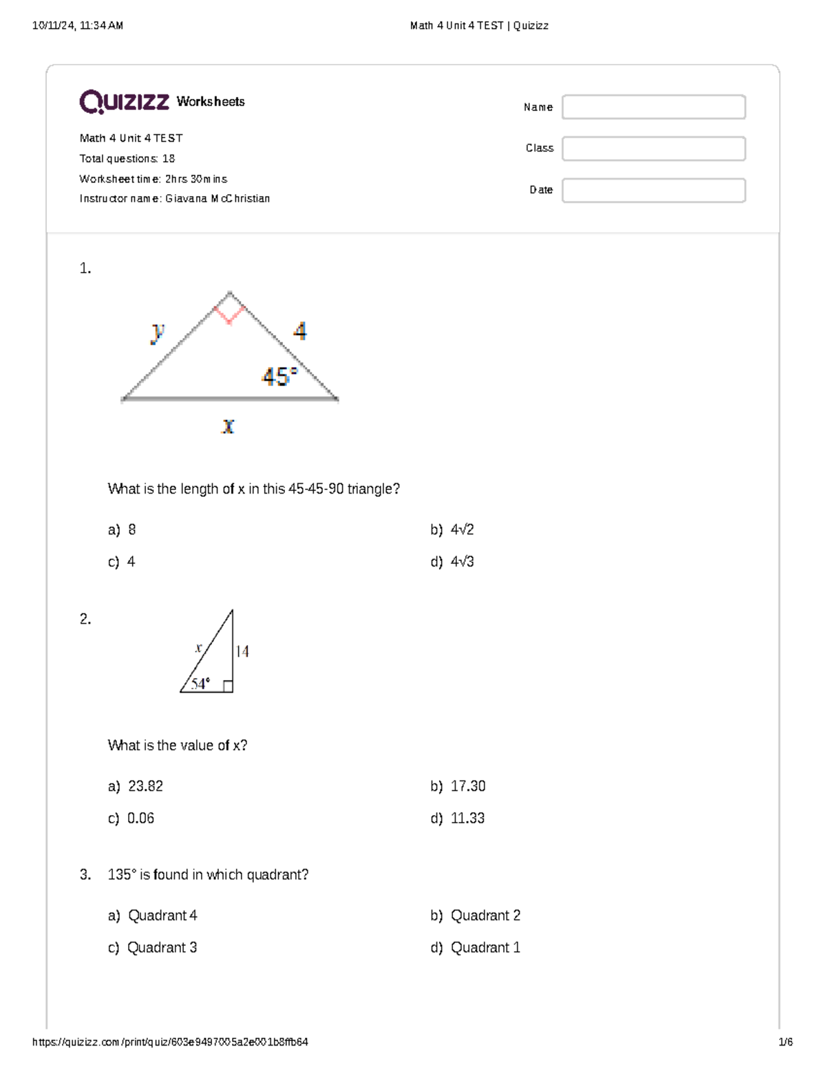 Math 4 Unit 4 TEST Quizizz - Worksheets Math 4 Unit 4 TEST Total ...