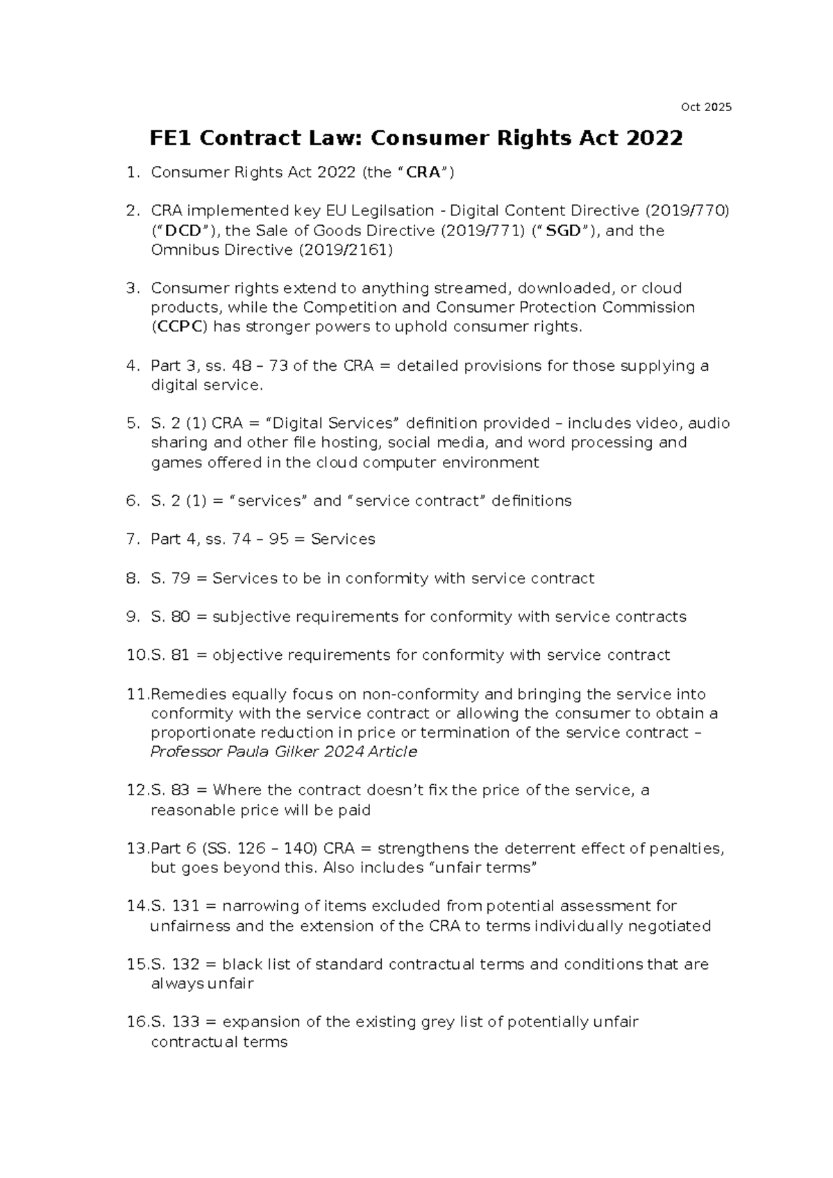 Oct 2025 FE1 Contract Law: Notes on Consumer Rights Act 2022 - Studocu