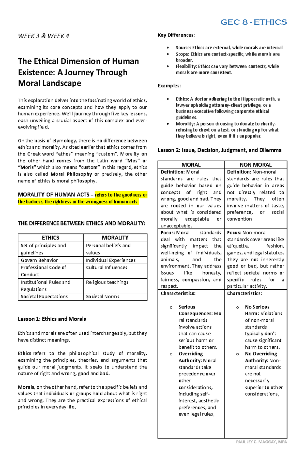GEC 8 ETHICS Prelims Nursing Notes: Key Differences in Morality ...