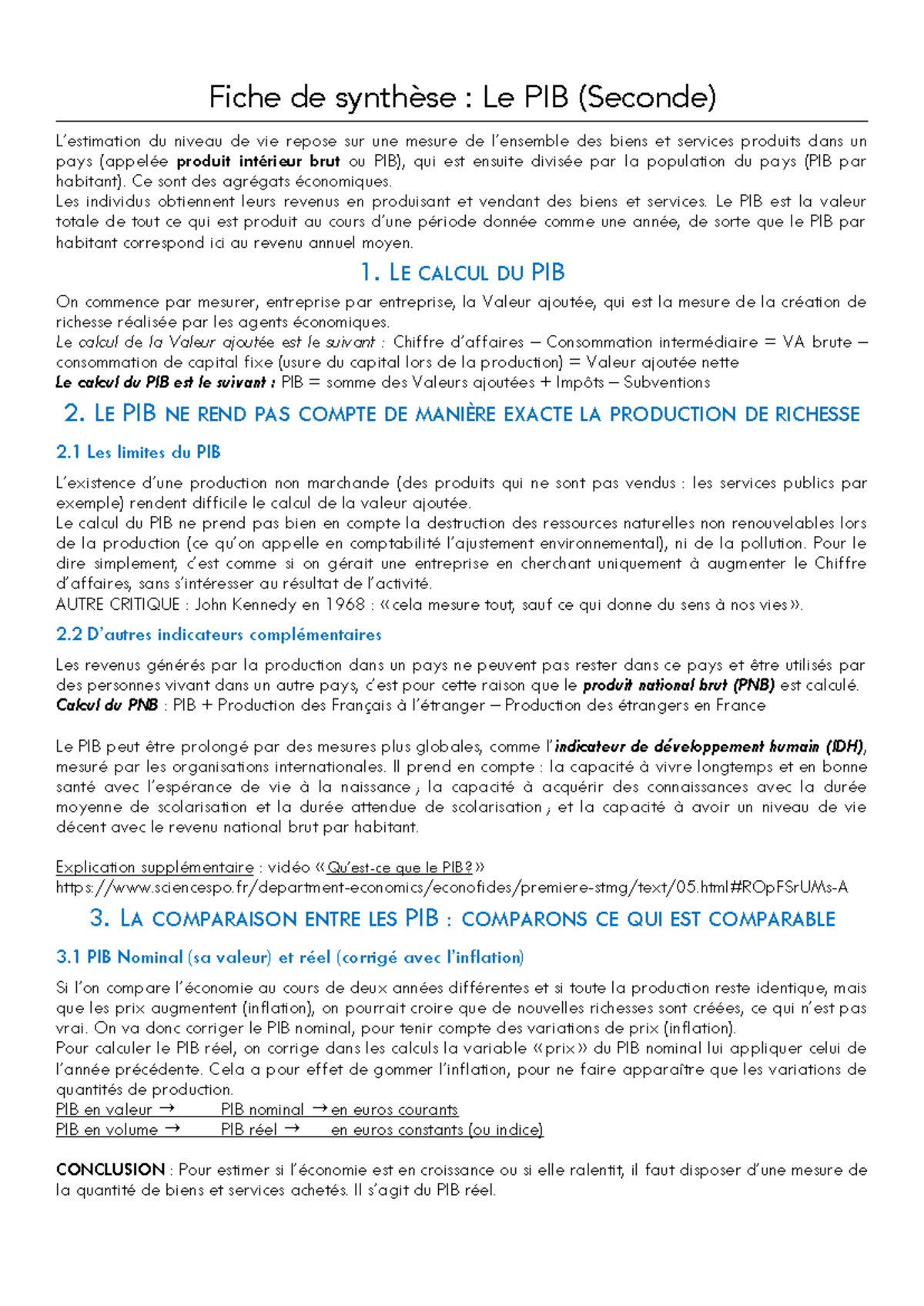 Fiche de Synthèse : Compréhension du PIB - Seconde Économie - Studocu