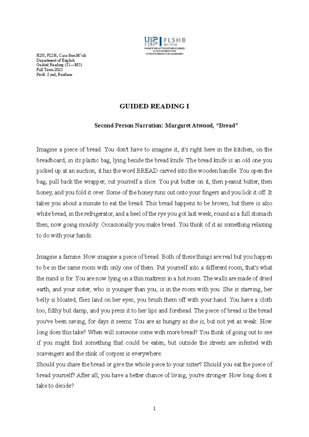 Bread Margret Atwood (Text) - 1 H2U, FLSH, Casa-Ben M’sik Department of ...