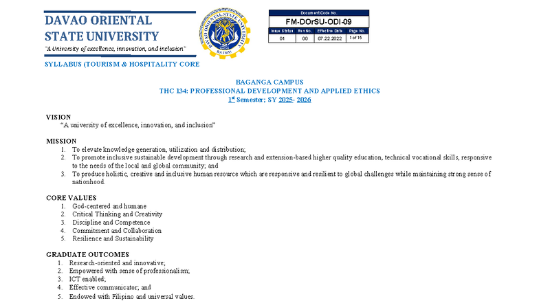 THC 134: Professional Development & Applied Ethics Syllabus 1st Sem ...