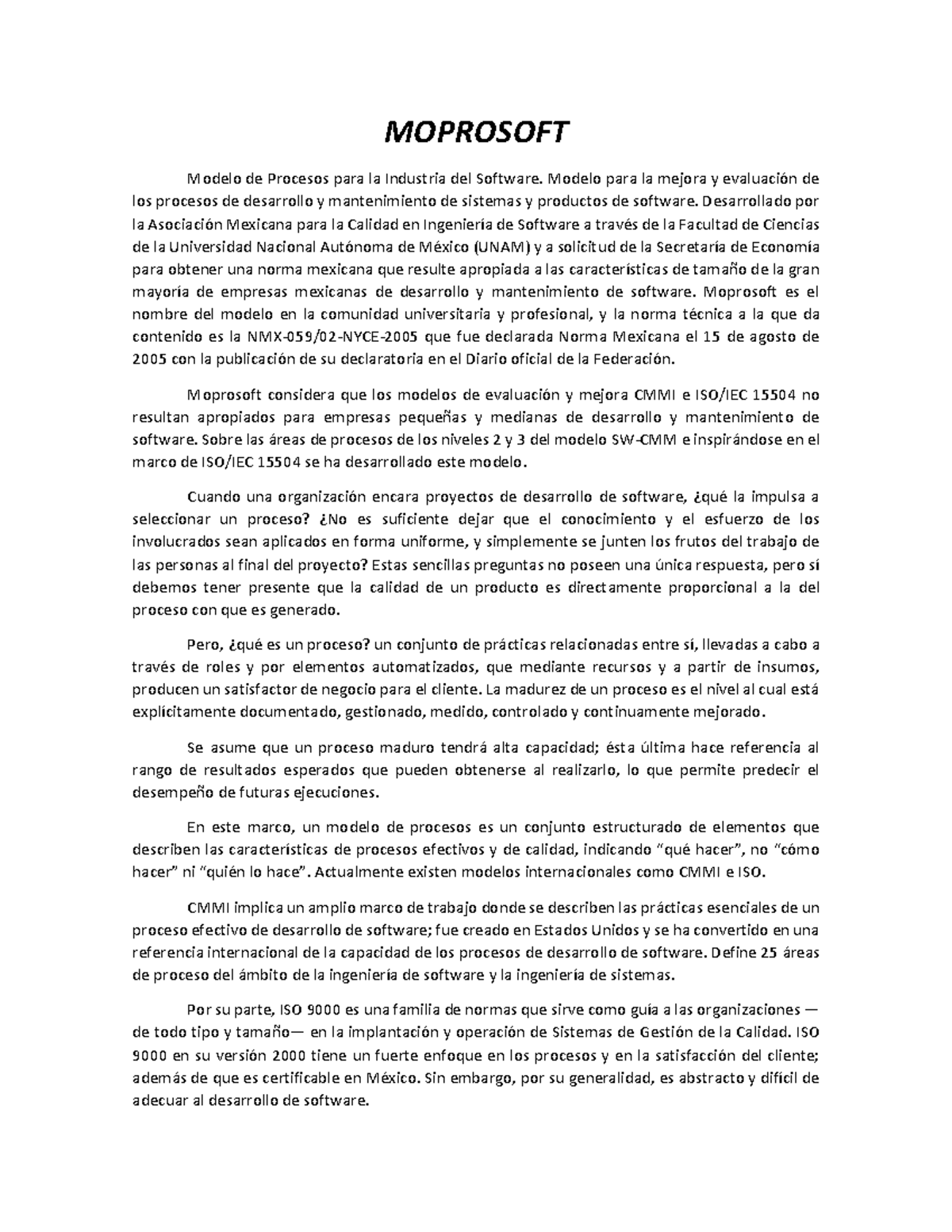 Modelo de Procesos MoProsoft: Mejora en Calidad de Software - Studocu