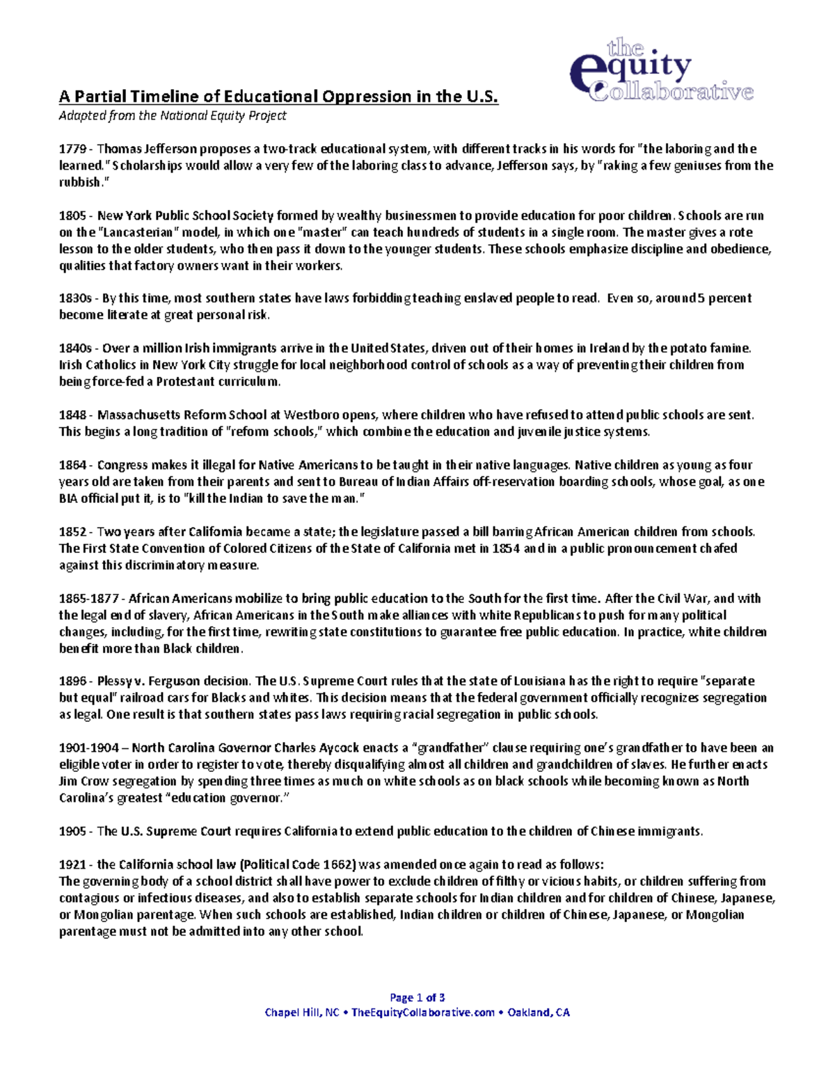 A Partial Timeline of Educational Oppression in the U.S. - Adapted from ...