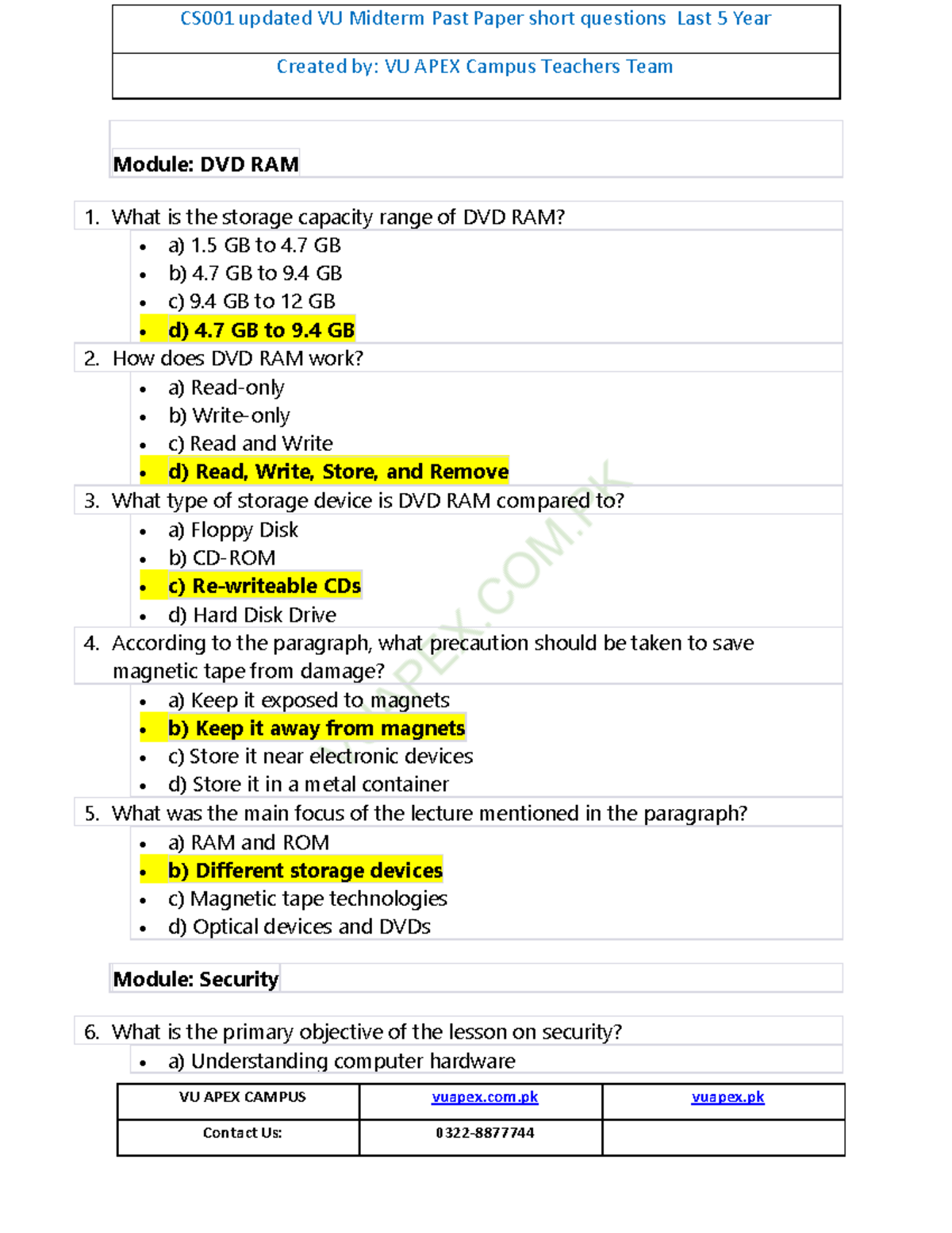 CS001 VU Midterm Past Paper: Short Questions from Last 5 Years - Studocu