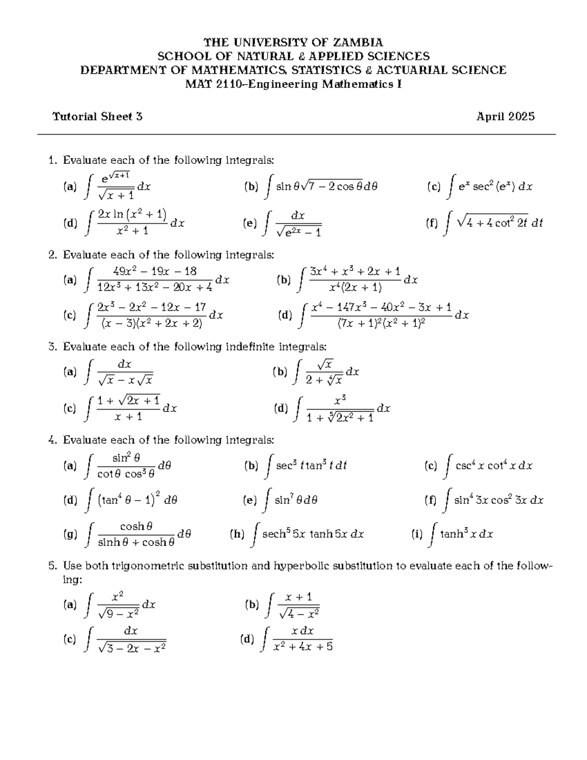 Mathematics I Tutorial Sheet 3 (TS 3 044428) - Integral Evaluations ...