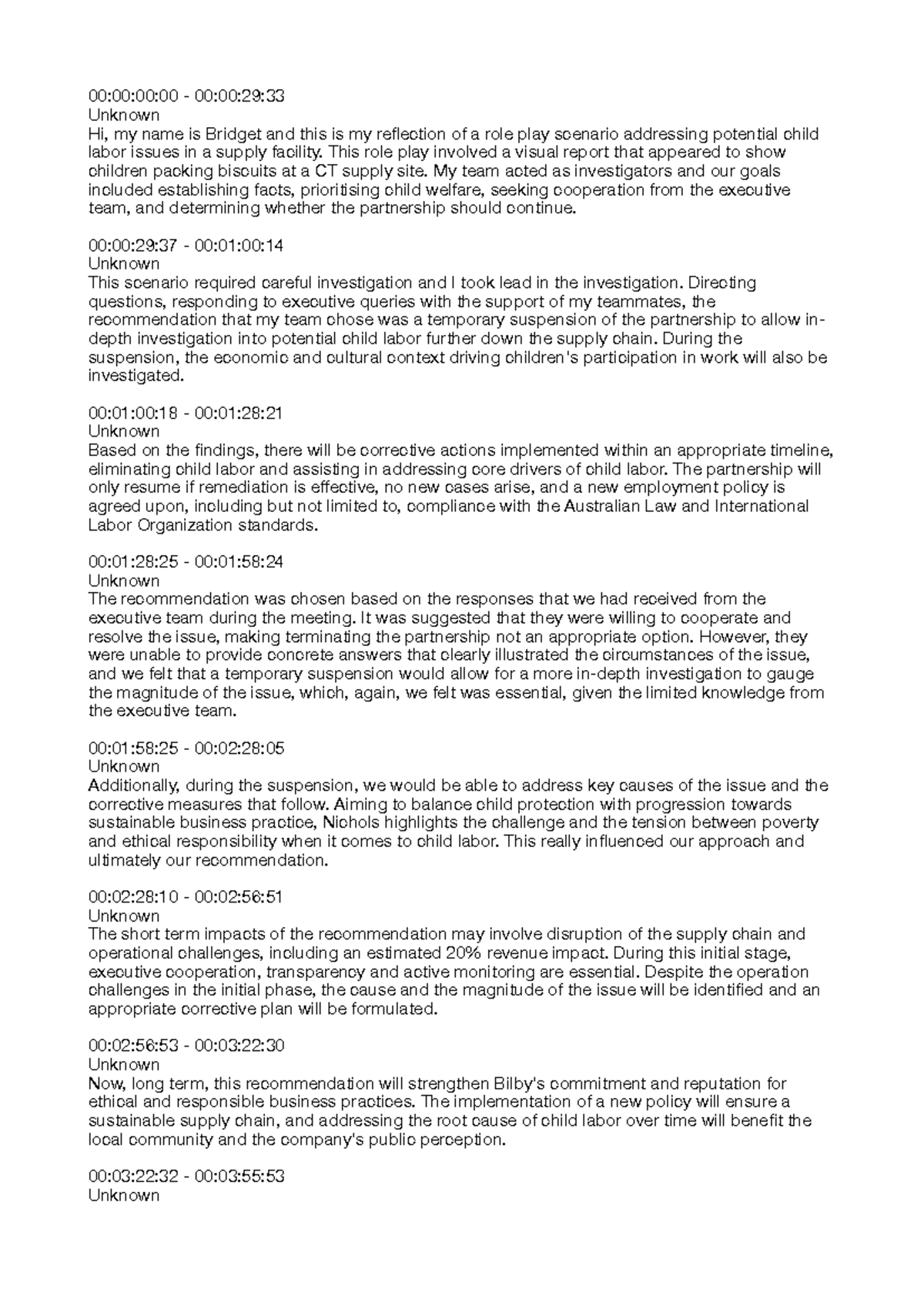 Reflection on Role Play Scenario: Child Labor Investigation (Course ...
