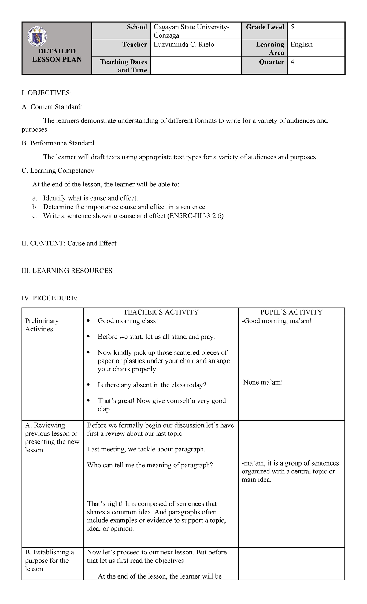 Detailed Lesson Plan in English 5: Cause and Effect (Quarter 4) - Studocu