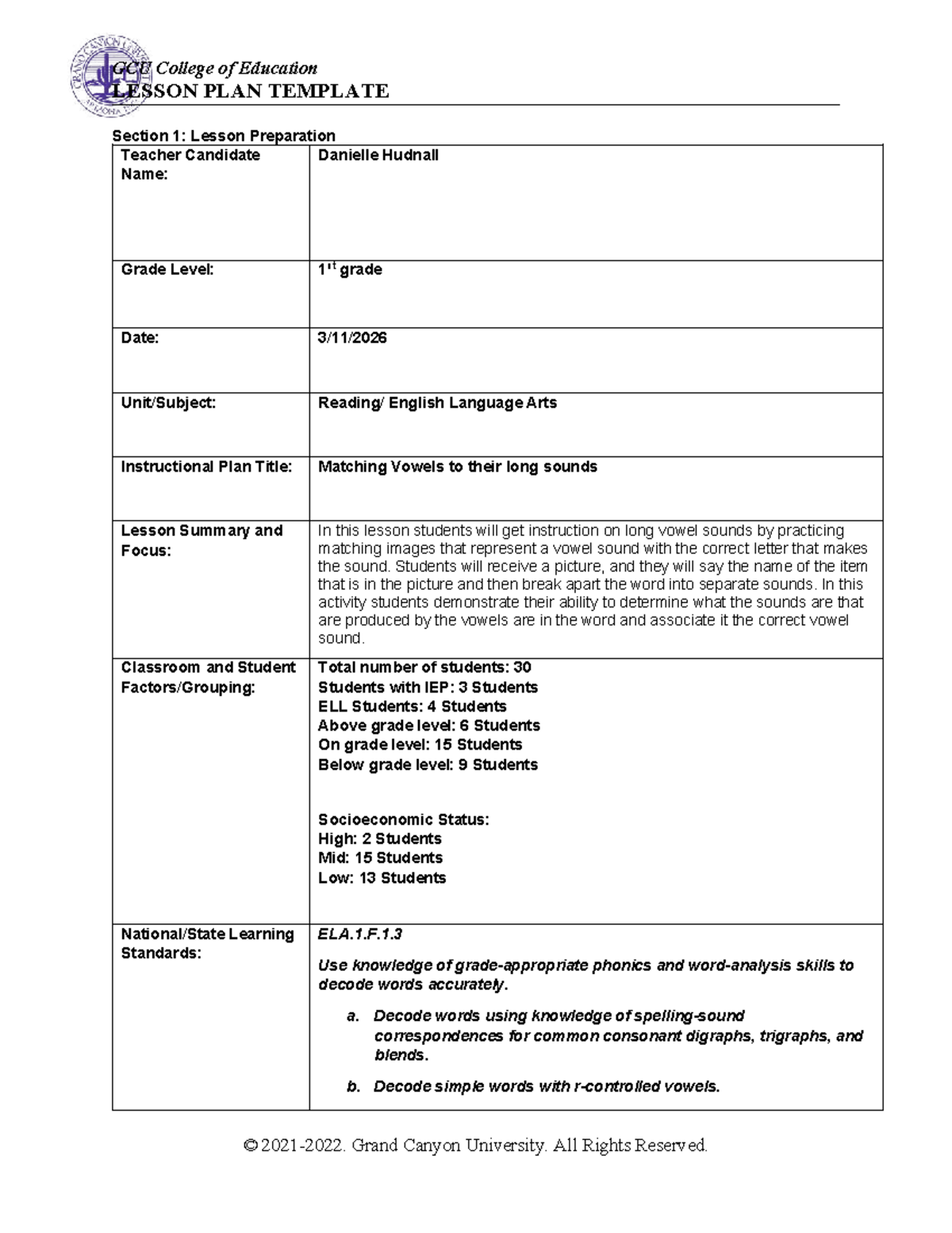 GCU College of Education LESSON PLAN: Long Vowel Sounds for 1st Grade ...