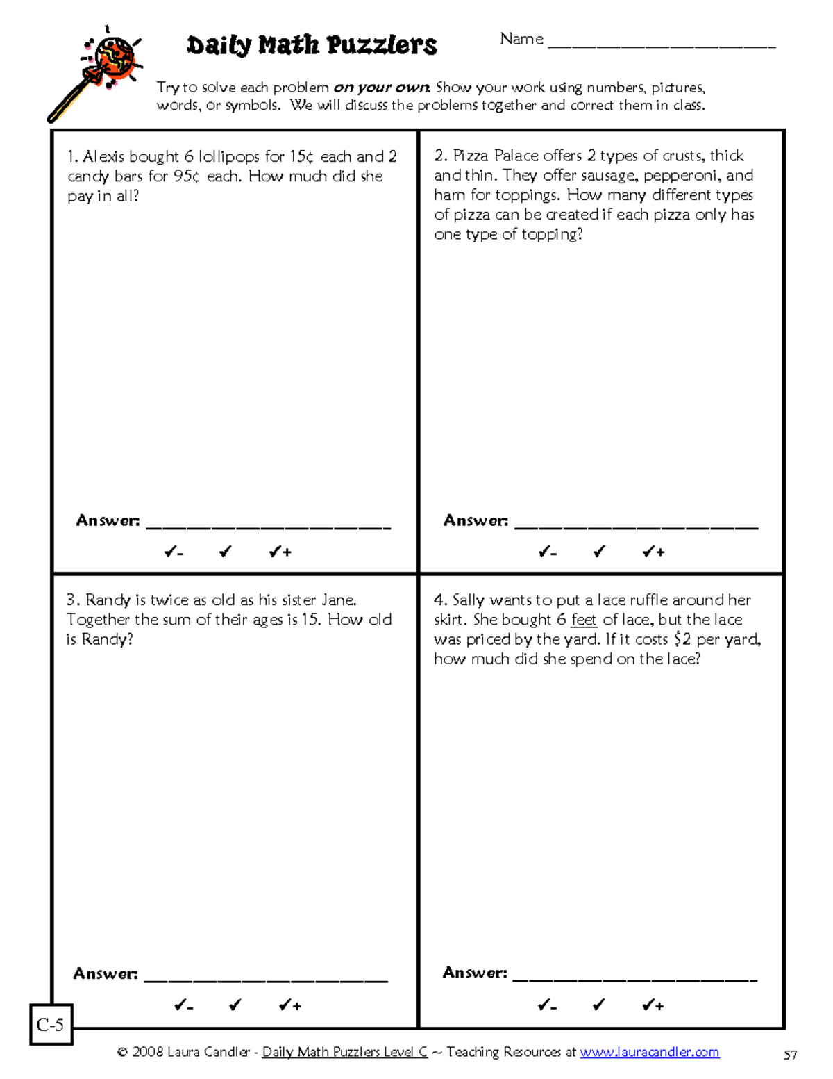 C-5 - NAH - © 2008 Laura Candler - Daily Math Puzzlers Level C ...