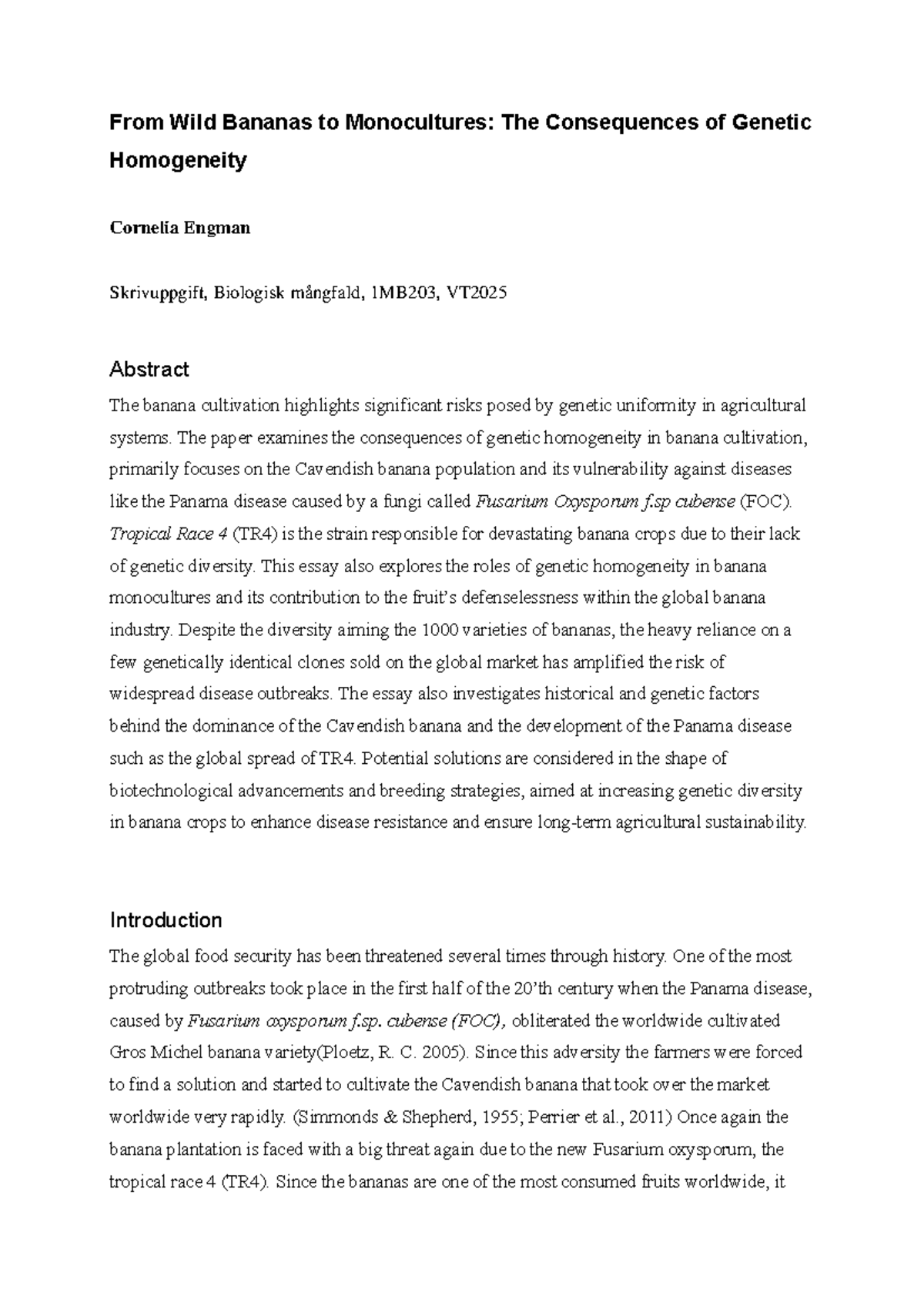 Genetic Homogeneity in Banana Cultivation: Risks and Solutions (1MB203 ...