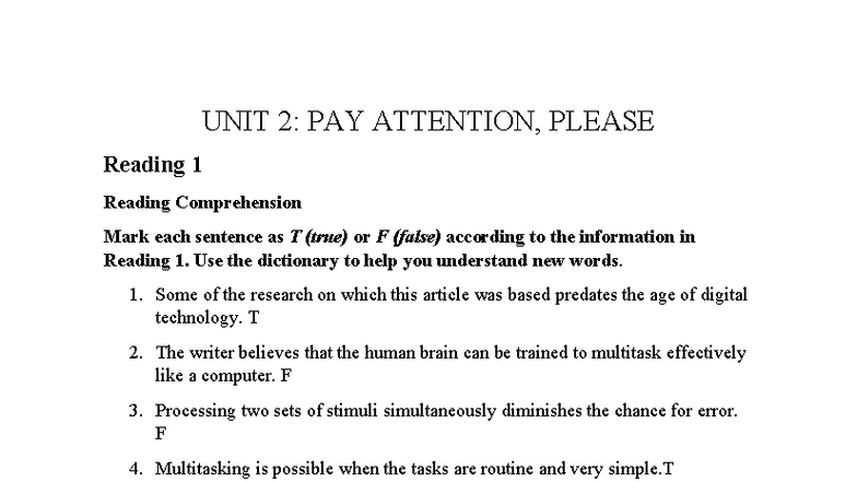 Unit 2: Psychology Reading Comprehension - True/False & Fill-in-the ...