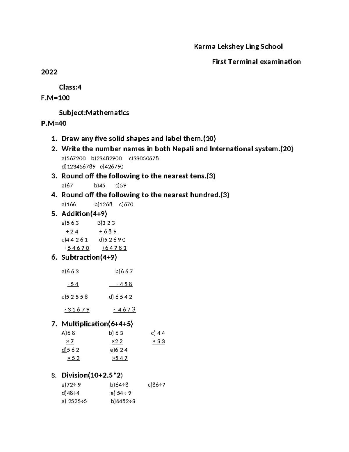 KLL School Class 4 Math Terminal Exam Notes 2022 - Studocu