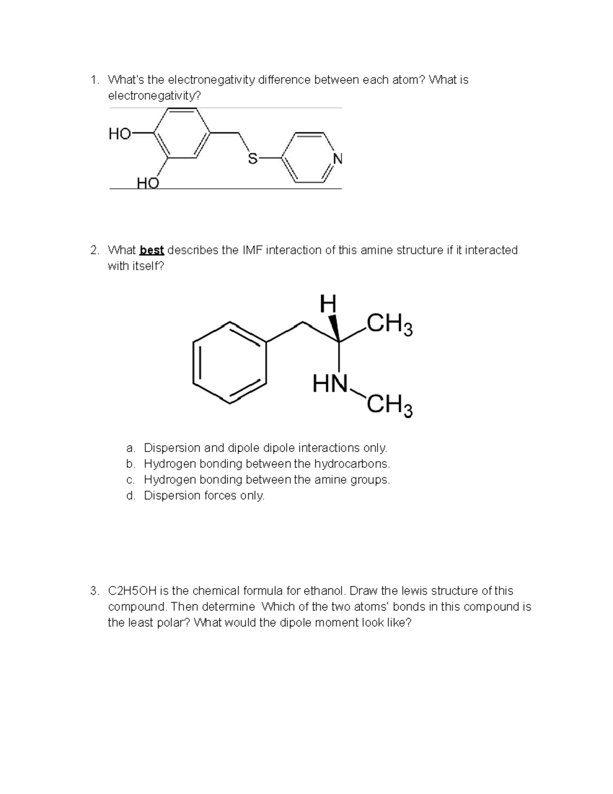 Exam 3 Review Worksheet: Intermolecular Forces & Electronegativity Concepts - Studocu