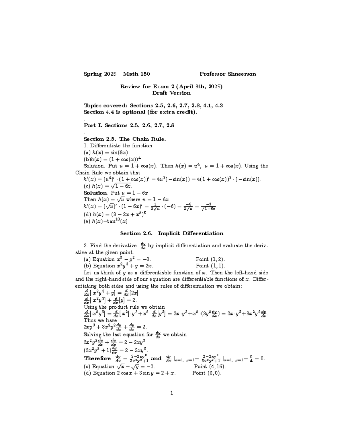 Calculus-1 review 2 Spring l 2025 Draft version pdf - Spring 2025 Math ...