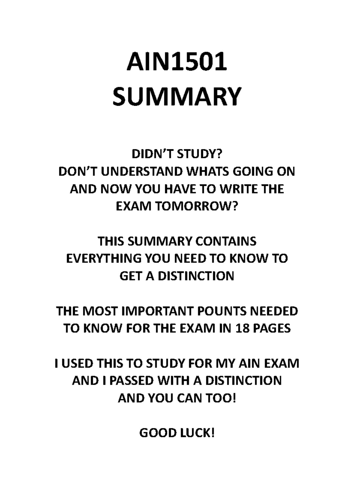 AIN 1501 Summary - Warning: TT: more functions defined than expected ...