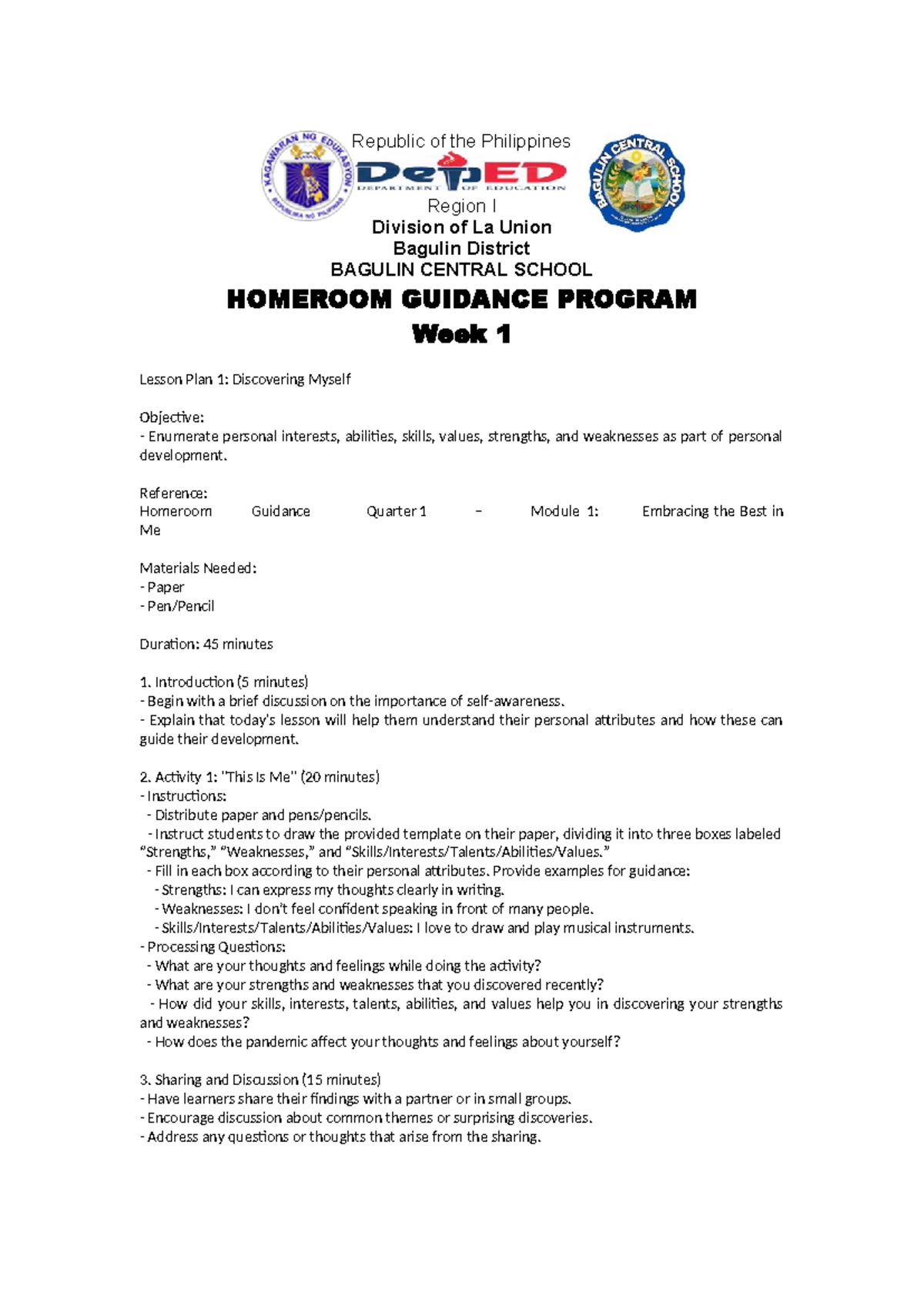 HGP - Weekly Lesson Plans for Homeroom Guidance Program - Studocu