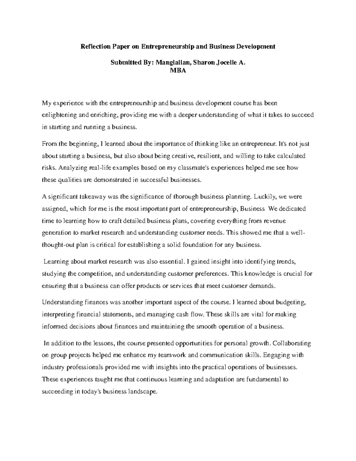 MBA Reflection Paper: Insights on Entrepreneurship & Business Dev ...