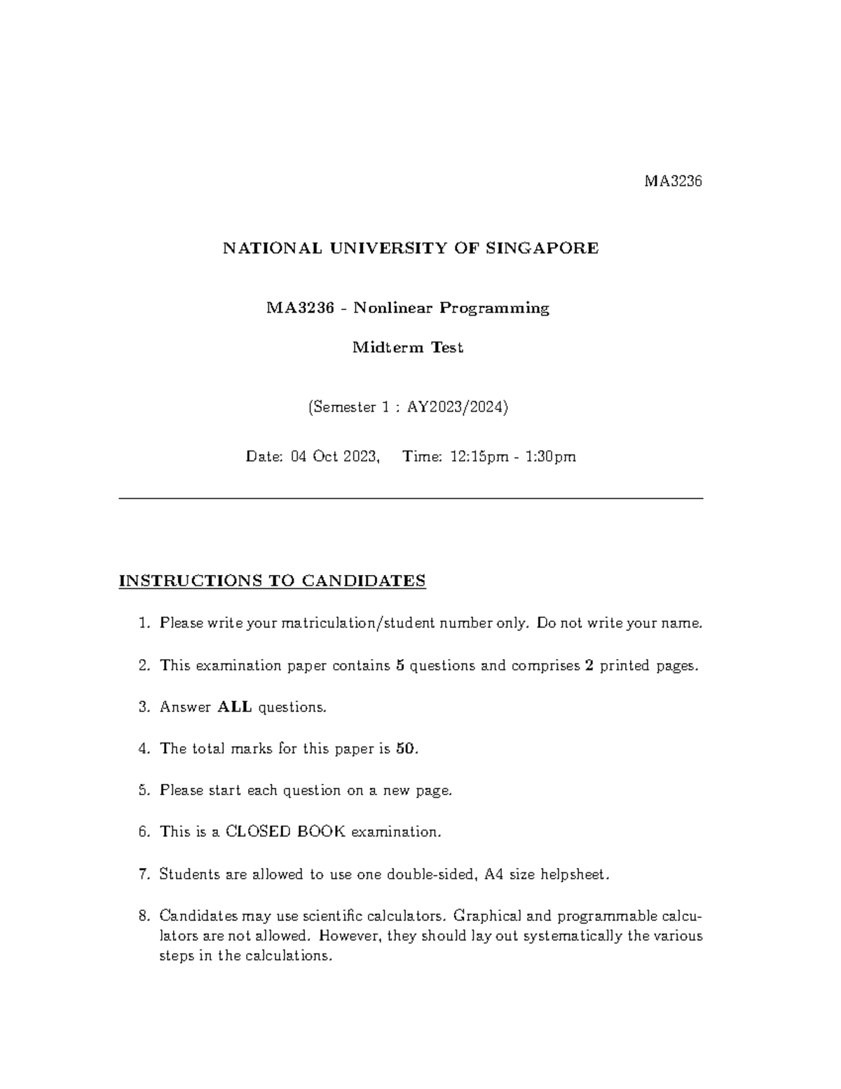 MA3236 Nonlinear Programming Midterm Test Solutions (2023) - Studocu