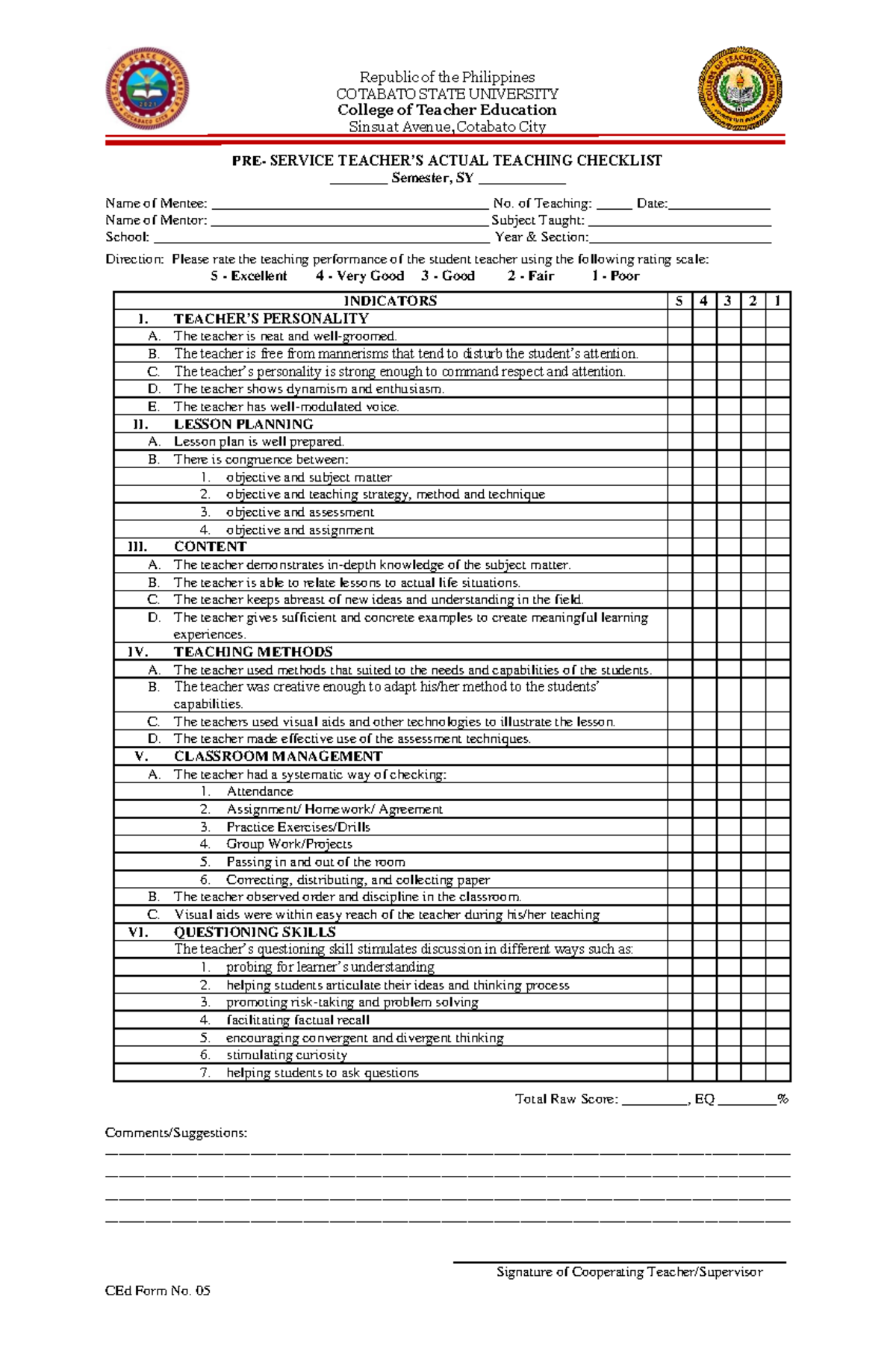 Pre service-teachers-actual-teaching-checklist - ` CEd Form No. 05 Republic of the Philippines ...