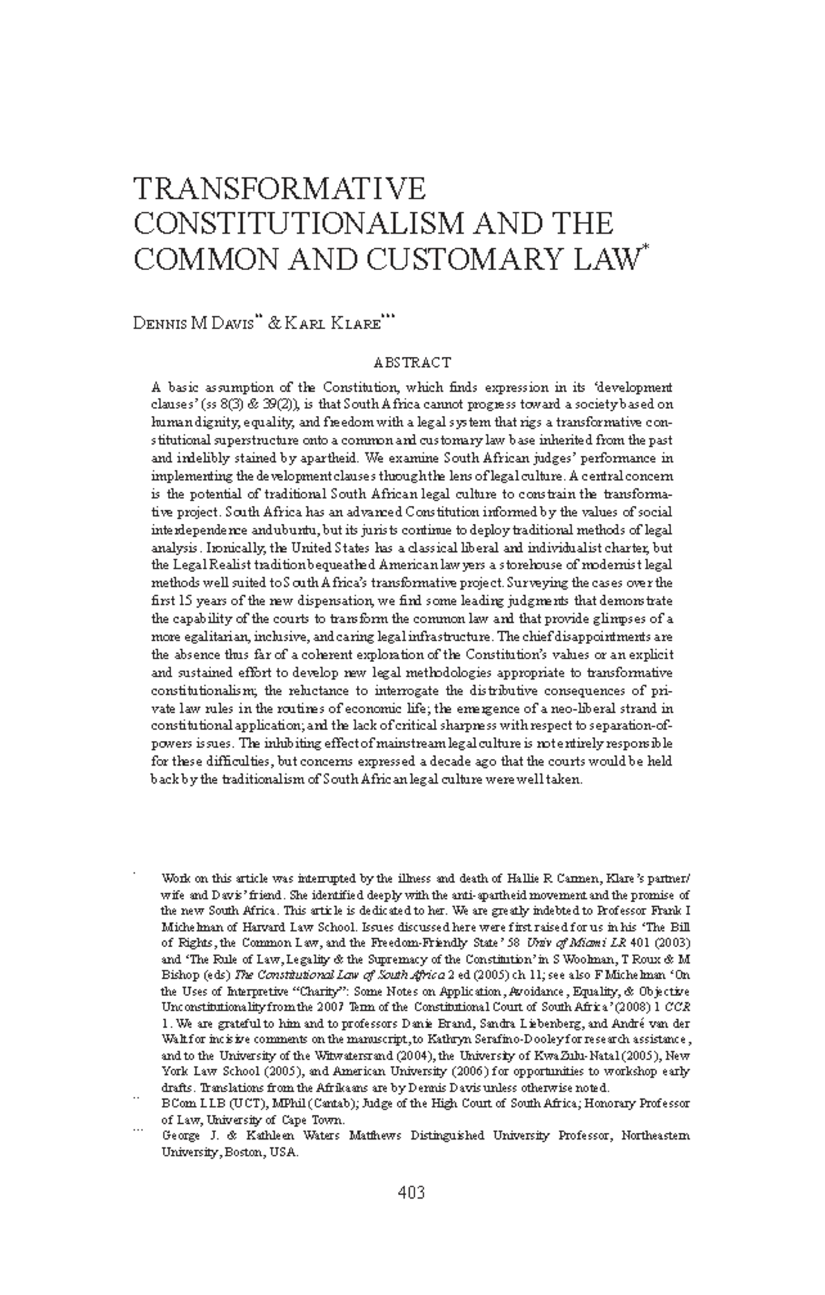 Transformative Constitutionalism and Common Law: A South African ...