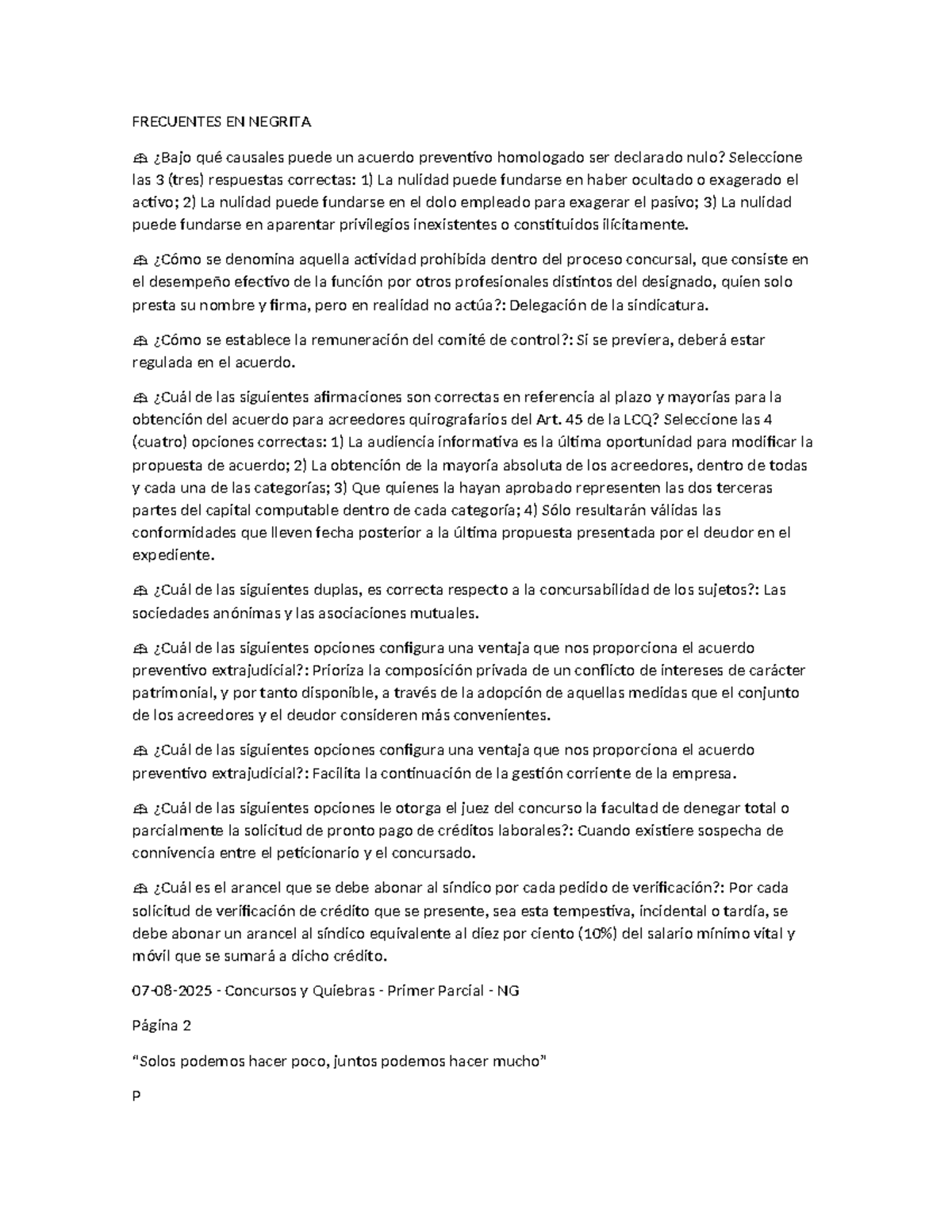 Preguntas y Respuestas del Primer Parcial de Concursos y Quiebras (NG) - Studocu
