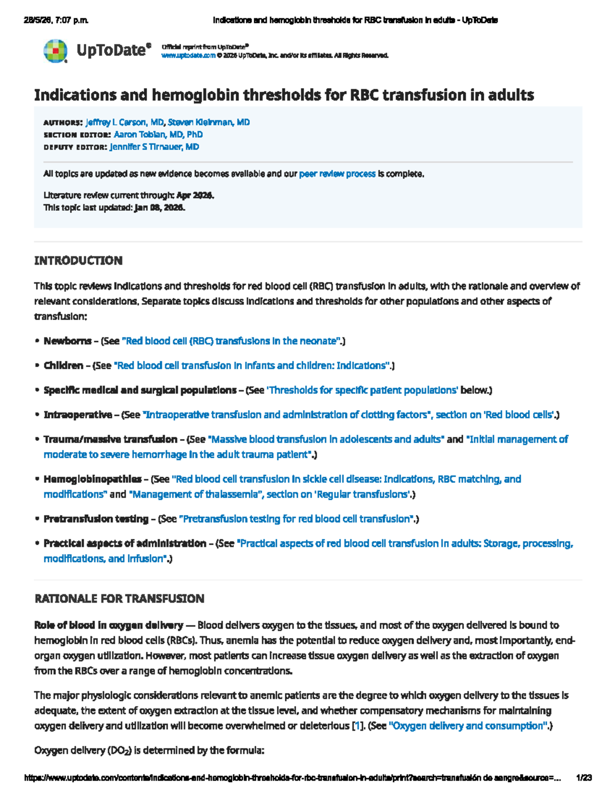 Indicaciones y Umbrales de Hemoglobina para Transfusión de RBC en ...
