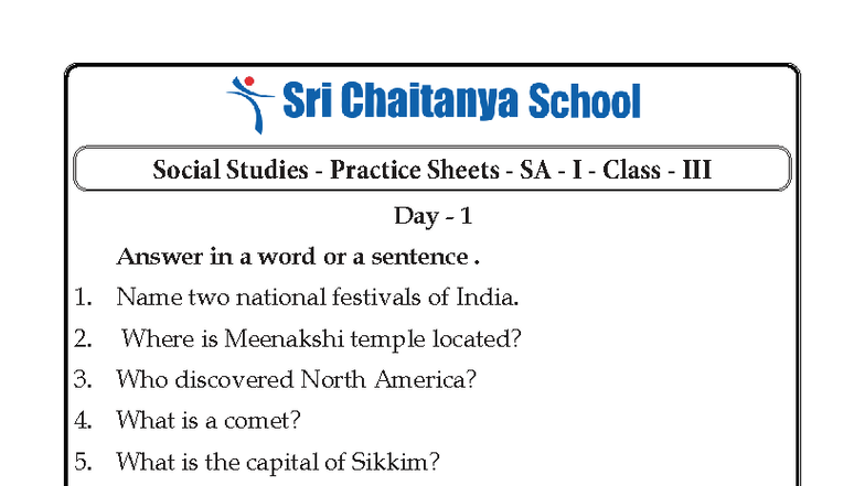 Class 3 Social Studies SA I Practice Sheets 2025-26 - Studocu