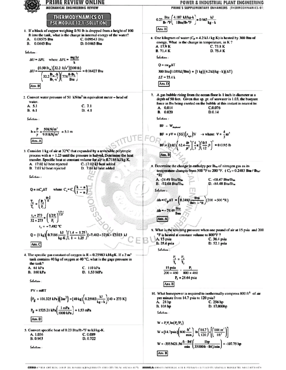 Thermodynamics 01 Midterm Solutions and Review Notes - Studocu