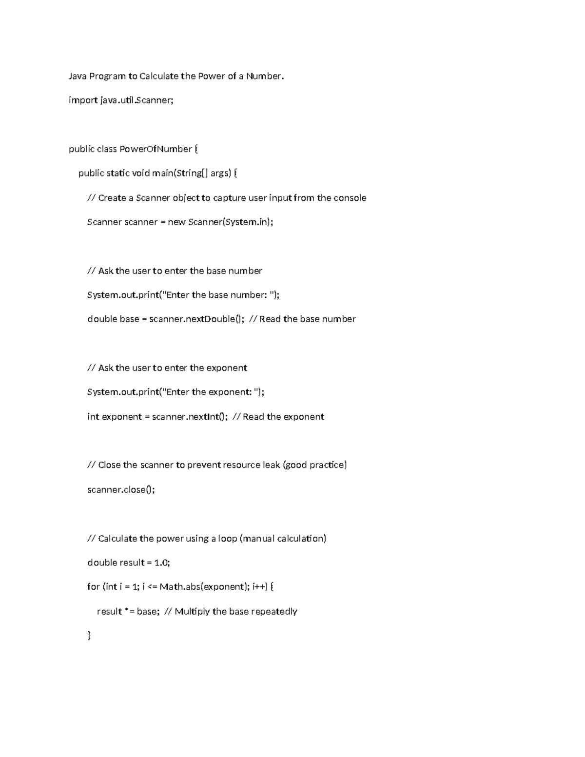 Java Program: Calculate Power of a Number in Java Code - Studocu