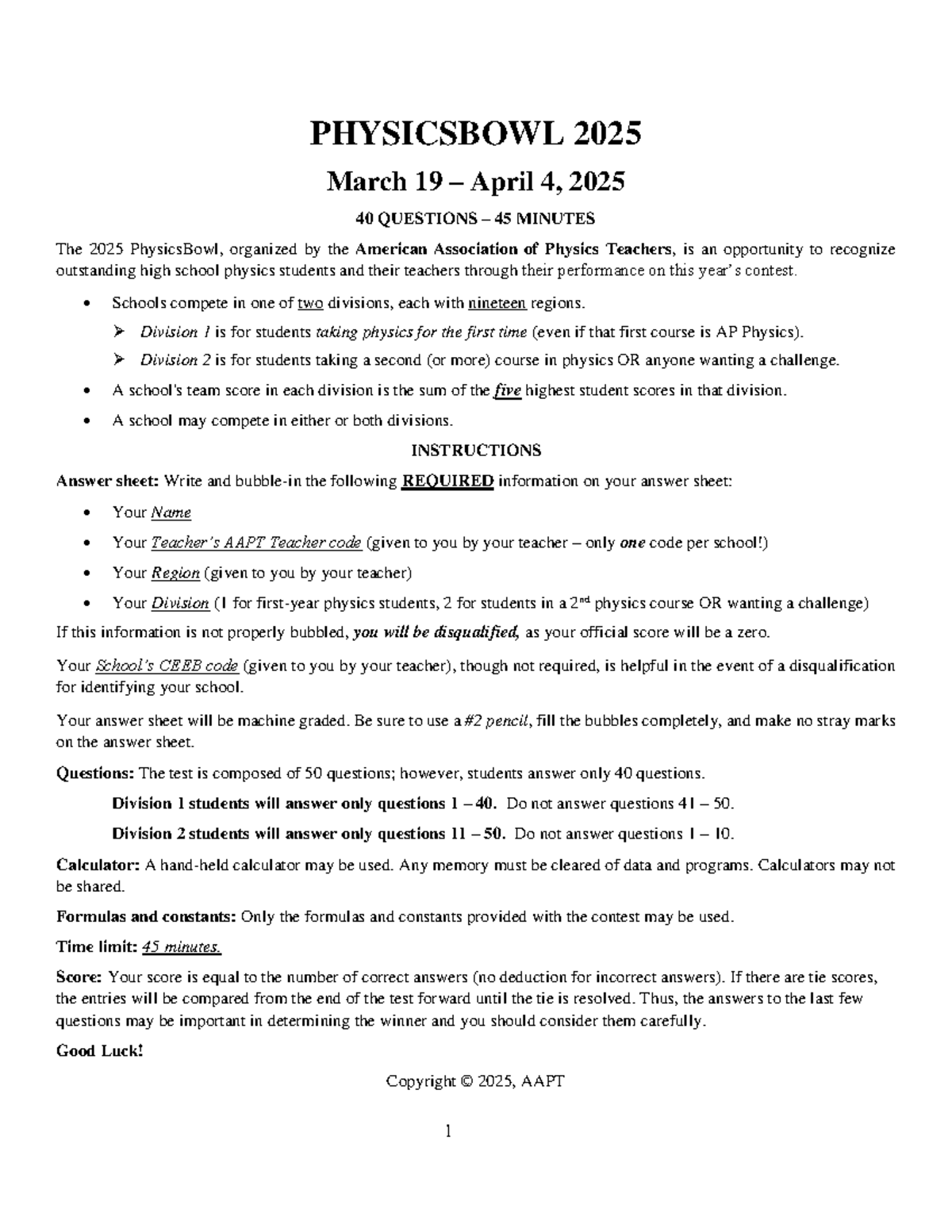 PHYSICSBOWL 2025 Exam Instructions and Sample Questions - Studocu