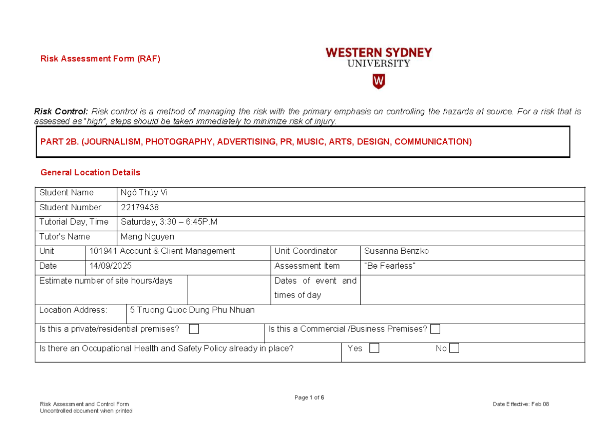 RAF Risk Assessment Form for Ngô Thúy Vi (22179438) - Studocu