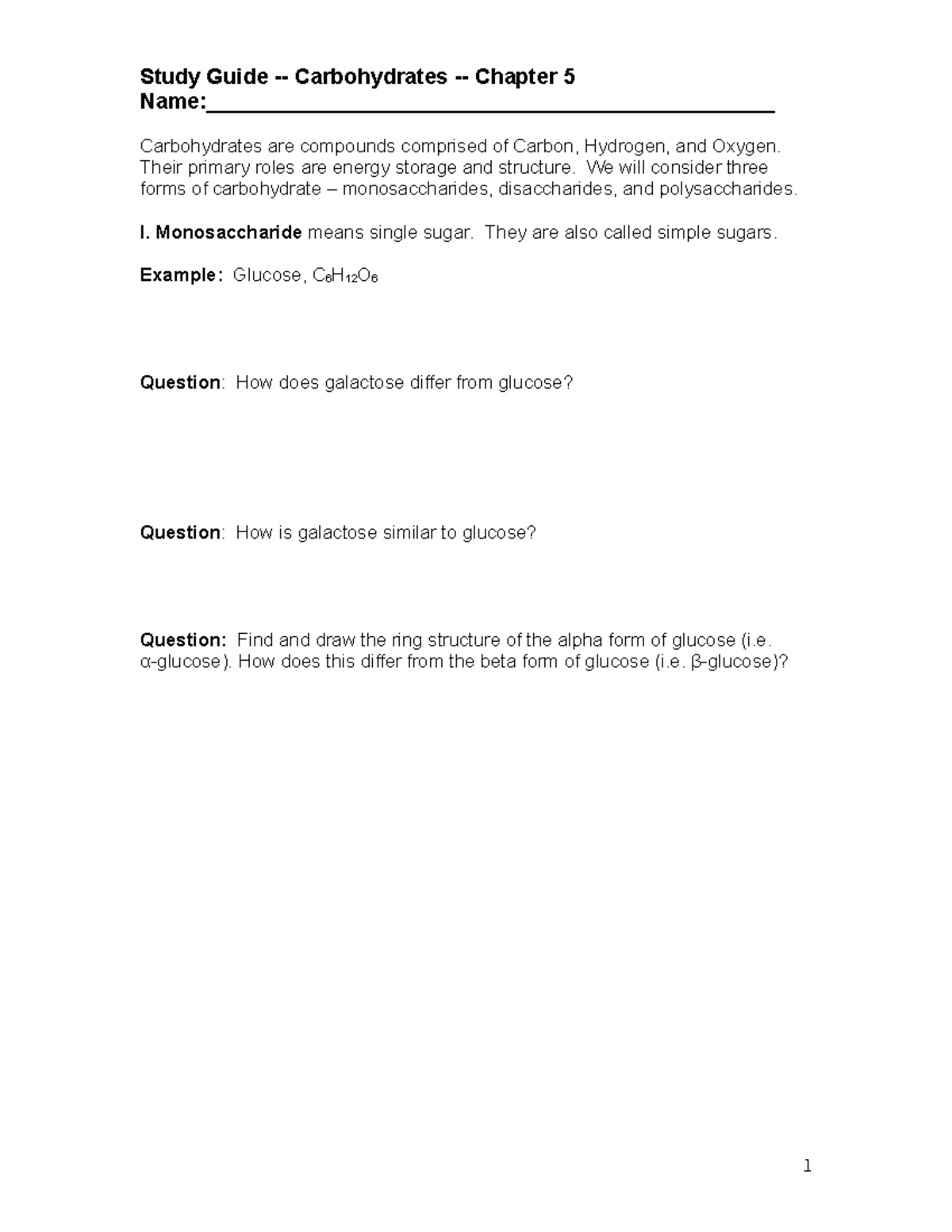 Study Guide for Carbohydrates - CH5 Overview and Key Concepts - Studocu