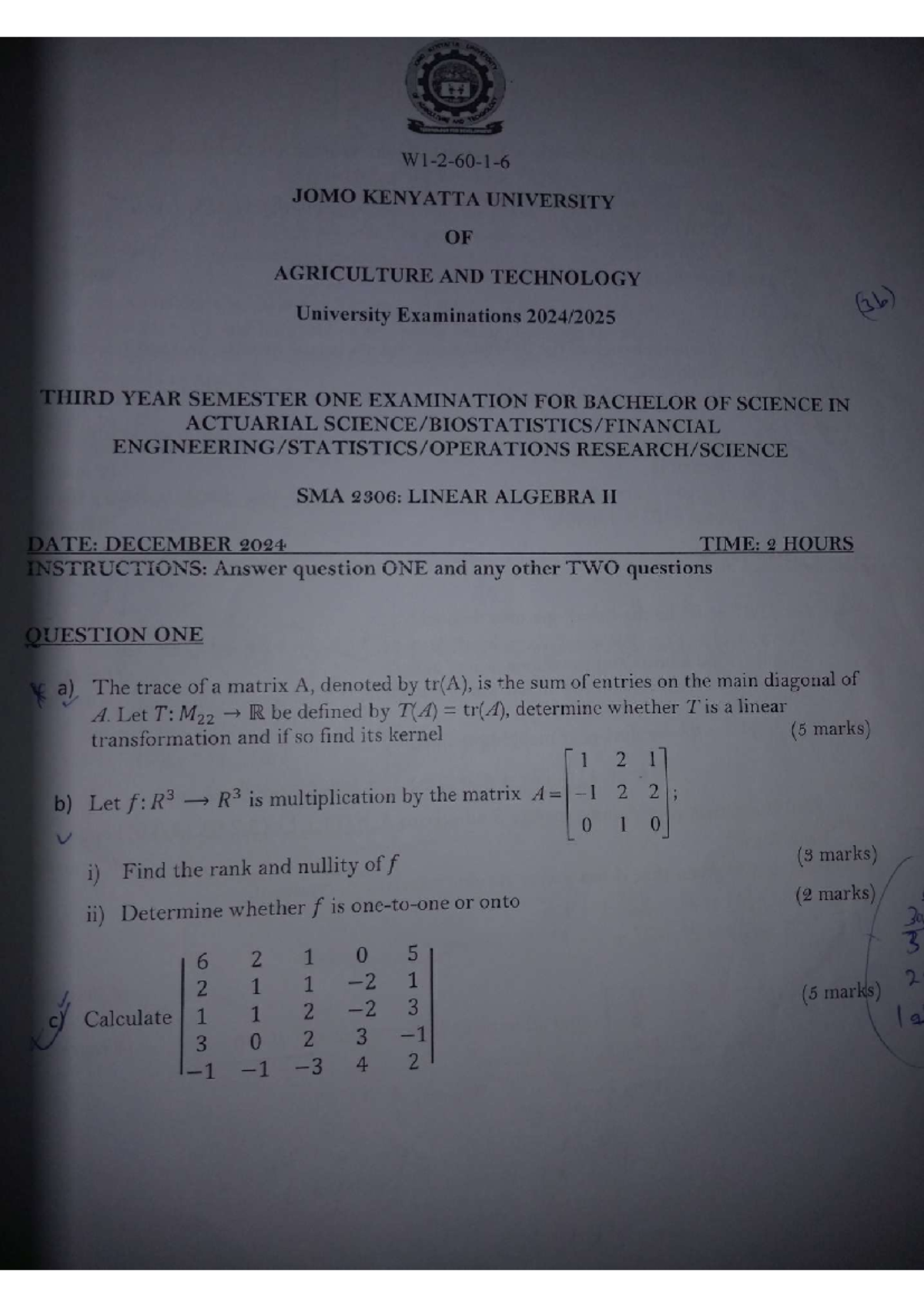 SMA 2306: Linear Algebra II & STA 2312: Regression Modelling I Past ...