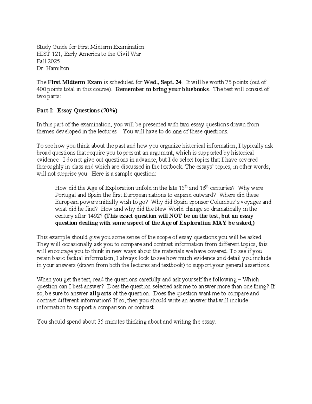 HIST 121 Study Guide: First Midterm Exam - Early America to Civil War ...